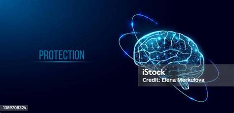 인간의 뇌 와이어 프레임 낮은 폴리 스타일 의료 뇌암 신경망에 대한 개념 진한 파란색 배경에 추상 현대 3d 벡터 그림 로우