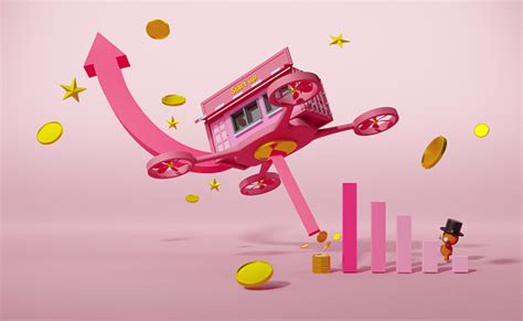 분홍색 파스텔 구성 스타트업 프랜차이즈 사업 개념 3d 그림 또는 3d 렌더링의 막대 그래프가 있는 상점 전면 및 배달 드론 영업권에 대한 스톡 사진 및 기타 이미지