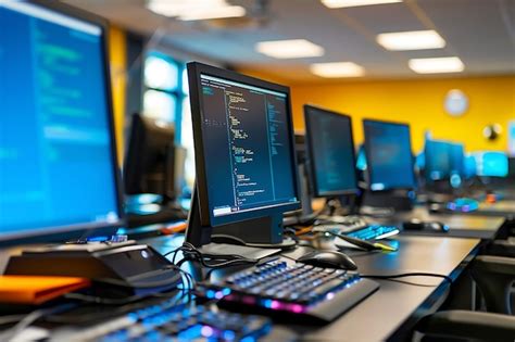 A Modern Computer Lab With Rows Of Monitors And Keyboards In A University Setting Premium Ai