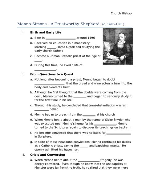 Menno Simons Part 1 Handout The Dock For Learning