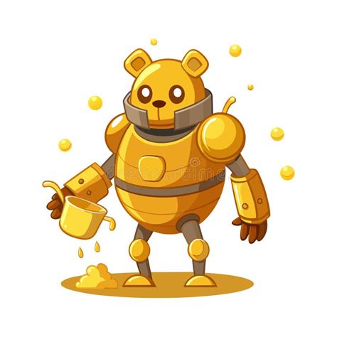 Golden Bear Robot Pours Honey Cartoon Style Character On Isolated White Background Stock