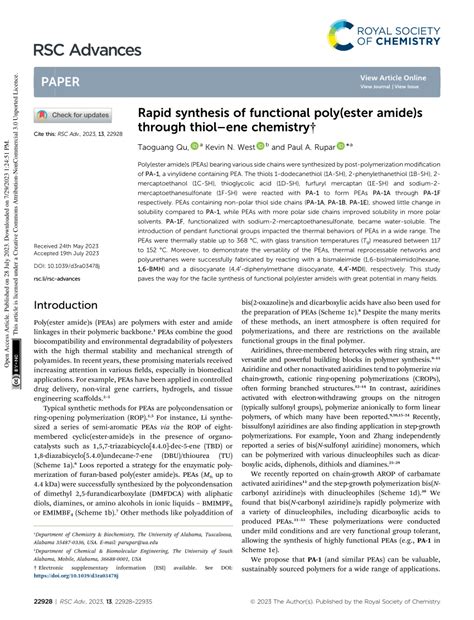 Pdf Rapid Synthesis Of Functional Polyester Amides Through Thiolene Chemistry