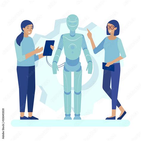 female scientists characters programming robot with artificial