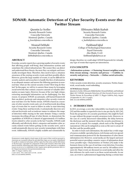 Pdf Sonar Automatic Detection Of Cyber Security Events Over The Twitter Stream