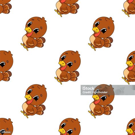 행복한 칠면조 귀여운 만화 캐릭터와 색이 매끄러운 패턴 흰색 배경에 격리 된 간단한 평면 벡터 그림입니다 디자인 벽지 직물 포장지 표지 웹 사이트 계절에 대한 스톡 벡터