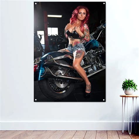Sexy Busty Tattooed Girl Motorcycle Rider Wall Art Poster Banner Flag