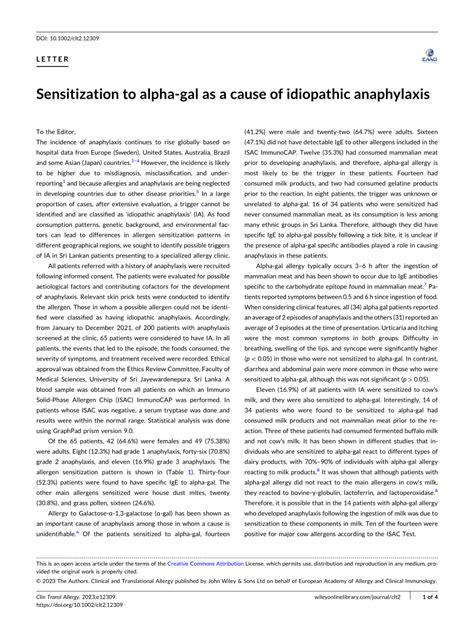 Pdf Sensitization To Alpha‐gal As A Cause Of Idiopathic Anaphylaxis