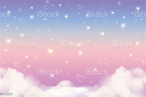구름 마음과 별 홀로그램 판타지 무지개 유니콘 배경 파스텔 색상 하늘 마법의 풍경 추상적 인 멋진 패턴 귀여운 사탕 벽지 벡터 하트 모양에 대한 스톡 벡터 아트 및 기타