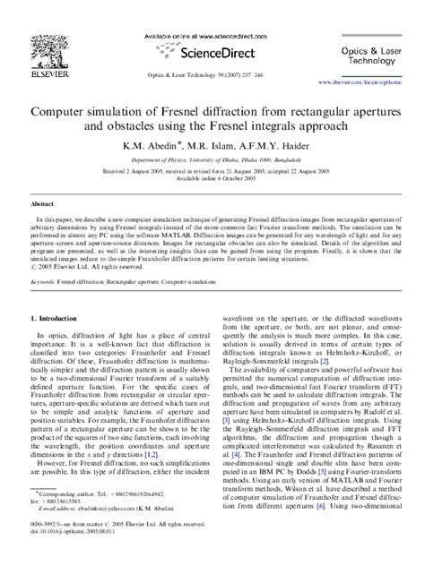Pdf Computer Simulation Of Fresnel Diffraction From Rectangular Apertures And Obstacles Using