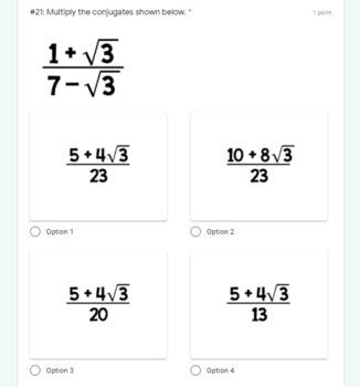 Add Subtract And Multiply Binomial Radical Expressions Algebra Google Forms