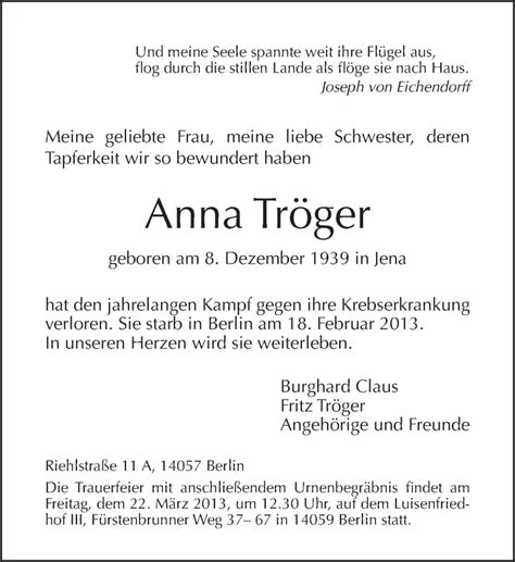 Traueranzeigen Von Anna Tröger Tagesspiegel Trauer