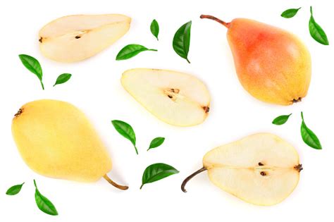 흰색 배경에 고립 잎 3 익은 빨간 노란 배 과일 최고의 볼 수 있습니다 평면 위치 패턴 0명에 대한 스톡 사진 및 기타 이미지 Istock