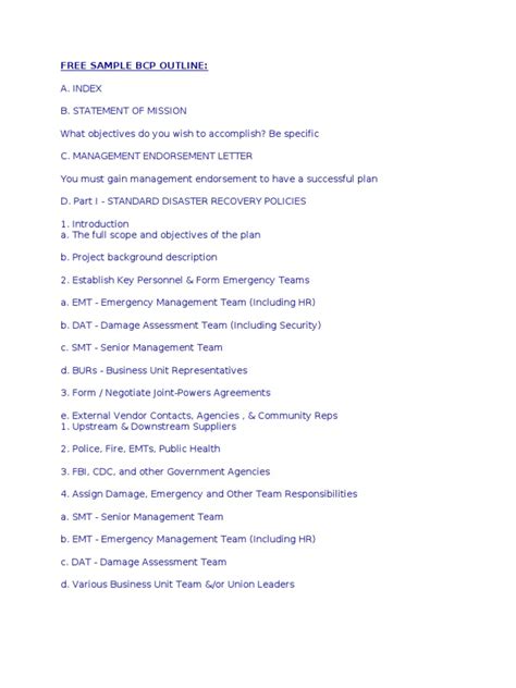 Free Sample Bcp Outline Pdf Emergency Management Emergency