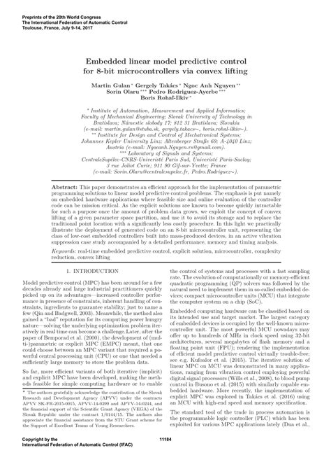 Pdf Embedded Linear Model Predictive Control For 8 Bit Microcontrollers Via Convex Lifting