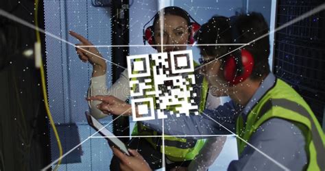 animation of data processing and qr code over diverse workers in server