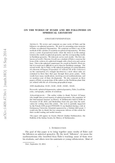 Pdf On The Works Of Euler And His Followers On Spherical Geometry