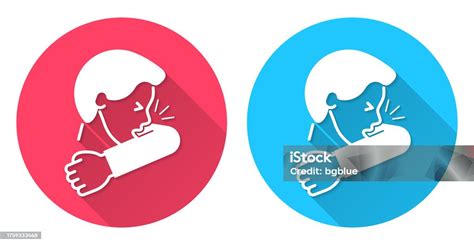 팔꿈치에 기침이나 재채기를하십시오 빨간색 또는 파란색 배경에 긴 그림자가 있는 둥근 아이콘 기침하기에 대한 스톡 벡터 아트 및 기타 이미지 Istock