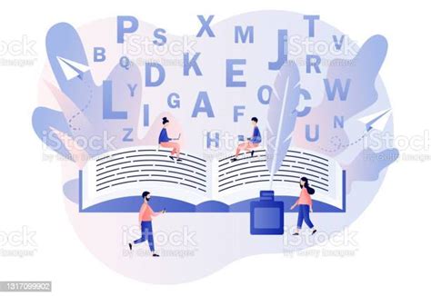 전문 작가 저자 레드 배우 저널리스트 카피 라이터 콘텐츠 관리자 블로거 작은 창조적 인 사람들은 큰 책에 텍스트 깃털과 잉크를 작성합니다 현대 플랫 만화 스타일 벡터