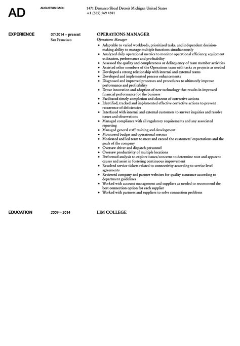 Operations Manager Resume Sample Velvet Jobs