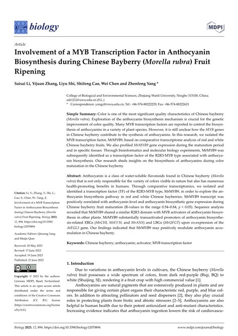 Pdf Involvement Of A Myb Transcription Factor In Anthocyanin Biosynthesis During Chinese