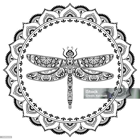헤나 멘디 문신 장식에 대 한 잠자리와 만다라의 형태로 원형 패턴입니다 민족 동양 스타일의 장식 장식품입니다 동부 전통의 프레임 꽃 식물에 대한 스톡 벡터 아트 및 기타