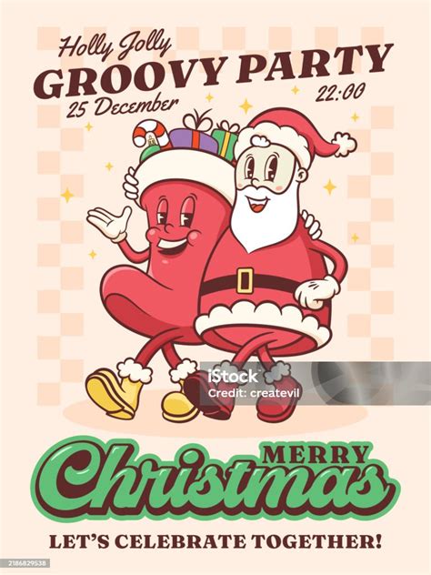 크리스마스 그루비 산타와 선물 양말 복고풍 캐릭터 만화 크리스마스 인물 그림입니다 벡터 겨울 휴가 마스코트 템플릿 배경입니다 행복 빈티지 멋진 그림 절연 강렬하고 밝은