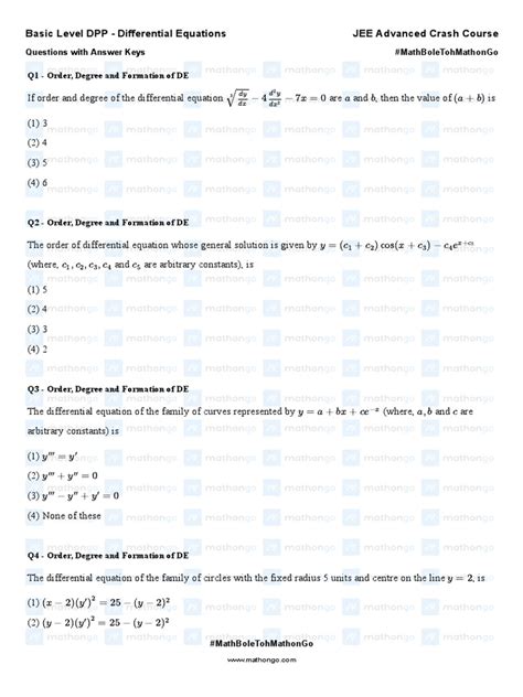 Basic Level Dpp Differential Equations Question Mathongo Pdf Equations Mathematical Concepts