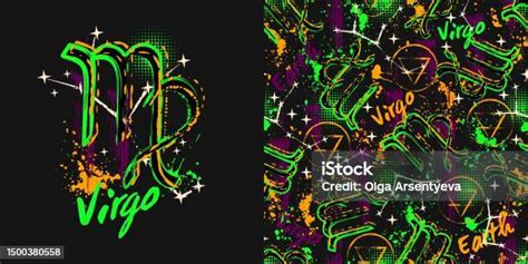 레이블 별자리 텍스트 페인트 튄 자국 얼룩 브러시 스트로크가 있는 조디악 표지판 처녀자리 아이콘이 있는 패턴 별자리 지구의 요소의 난해한 요소 거리 스타일의 장식용 로고에