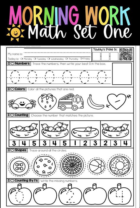 Kindergarten Math Morning Work Set One With Counting Shapes Time And