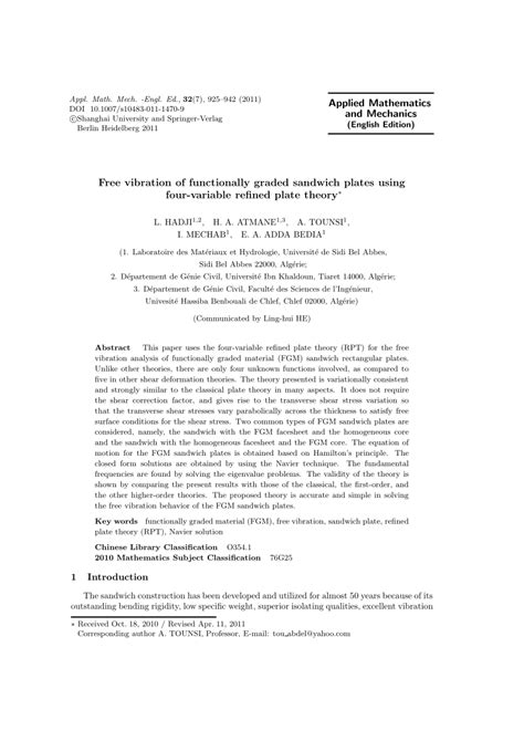 Pdf Free Vibration Of Functionally Graded Sandwich Plates Using Four Variable Refined Plate Theory