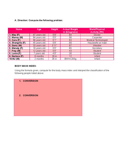 Course TASK 4 ACTIVITY A Direction Compute The Following Problem Name Age Height Actual