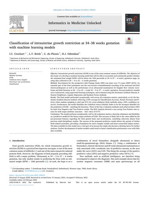 Pdf Classification Of Intrauterine Growth Restriction At 34 38 Weeks Gestation With Machine