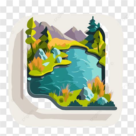 시냇물이 있는 평평한 풍경 벡터 흰색 배경에 있는 크릭의 단순한 다채로운 아이콘 그림자 없음 작은 프레임 중앙 Png 일러스트 및 벡터 에 대한 무료 다운로드