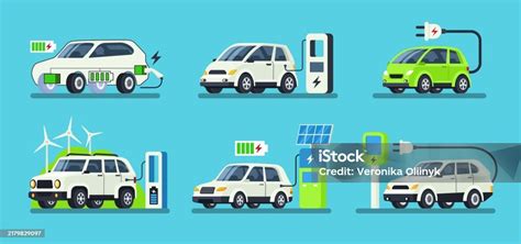 전기 자동차 Ev 및 하이브리드 차량 충전소 풍력 터빈 및 태양 전지판을 사용한 지속 가능한 충전 재생 가능한 녹색 에너지 원 벡터 일러스트레이션 세트 0명에 대한 스톡