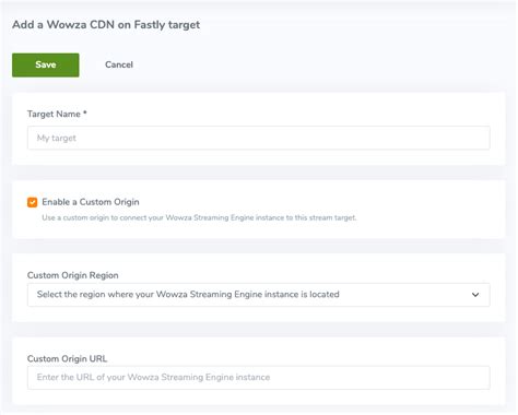 stream target setup page in wowza video
