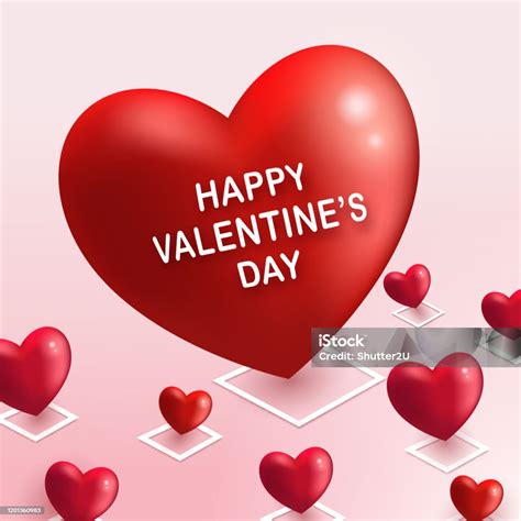 큰 빨간 하트 모양과 해피 발렌타인 데이 텍스트로 위치 핀으로 분홍색 바닥에 배치 많은 작은 마음 벡터 일러스트와 같은 3d 깊이 아이소메트릭 사랑 이벤트와 로맨틱 한