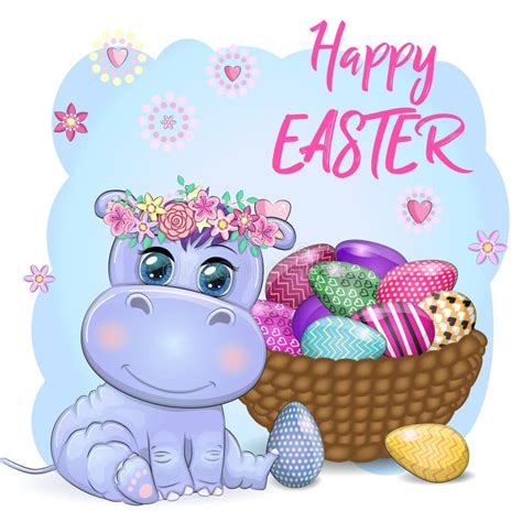 Cute Cartoon Hippo With Easter Egg Easter Card Stock Vector