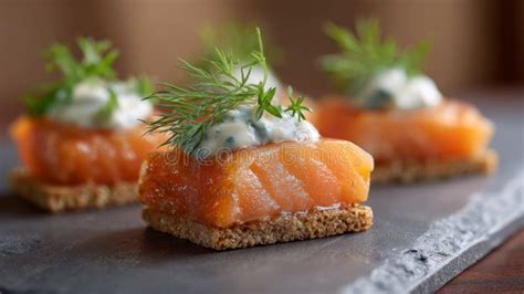 Candied Salmon Garnished With Fresh Herbs Served On Crisp Crackers