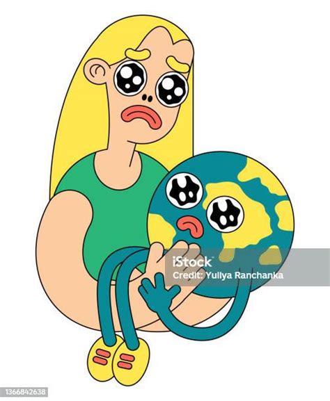 슬픈 한 여성이 불행한 행성을 손에 들고 있다 지구는 화가 우리는 그것으로 만화 스타일의 격리 된 이미지 벡터 그림입니다 개념에 대한 스톡 벡터 아트 및 기타 이미지