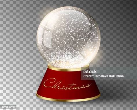 투명 한 배경에 격리 된 흰색 벡터 스노우 글로브 빈 템플릿 크리스마스 매직 볼 빨간 스탠드에 황금 장식 텍스트와 유리 공 돔 겨울 휴가 크리스탈 내부 눈 Xmas 장난감