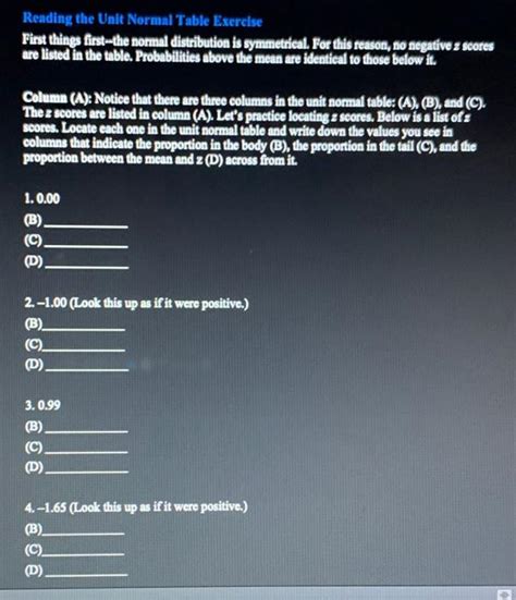 solved reading the unit normal table exercise first things