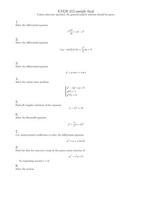 Final Sample 1 Engr 213 ENGR 213 FINAL EXAM SAMPLE This Is Just A Sample It Gives An Idea