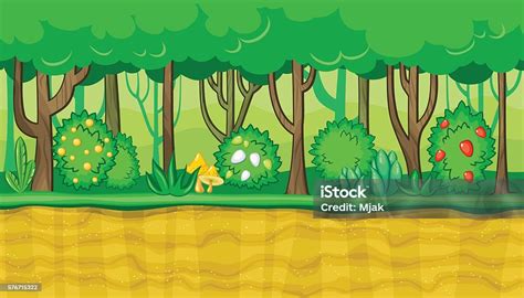 원활한 여름 숲 풍경 노란색 버섯 게임 디자인에 대 한 열매 비디오 게임에 대한 스톡 벡터 아트 및 기타 이미지 비디오 게임 0명 Brand Name Video