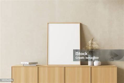 현대적인 인테리어 배경 거실에서 포스터 프레임을 모의 캐비닛에 책 스칸디나비아 스타일 3d 렌더링 0명에 대한 스톡 사진 및 기타 이미지 Istock