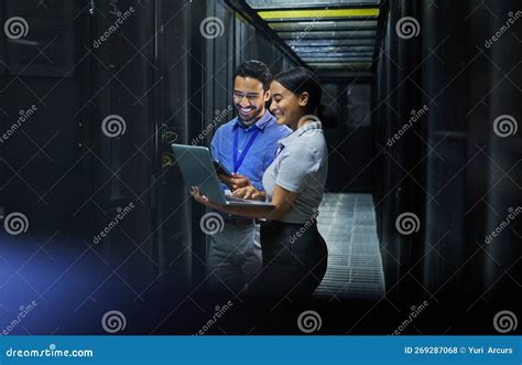 Server Room Laptop And Technician People For Software Management System Upgrade Or Cyber