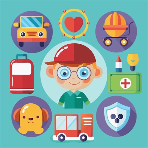 Niño feliz con juguetes e iconos Vector Premium generado con IA