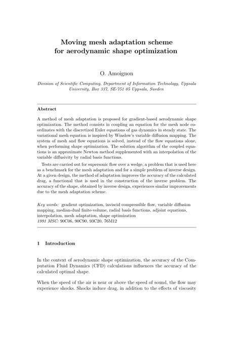 Pdf Moving Mesh Adaptation Scheme For Aerodynamic Shape Optimization