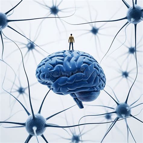 Tiny Figure Stands Atop A Giant Blue Brain Surrounded By Neurons Stock