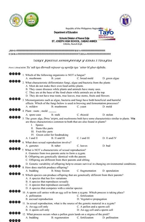 Pdf 2nd Quarter Exam In Grade 7 Science Republic Of The Philippines