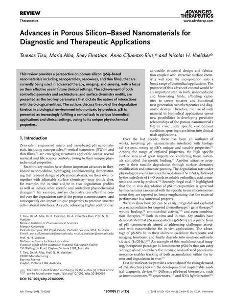 Pdf Advances In Porous Silicon Based Nanomaterials For Diagnostic And